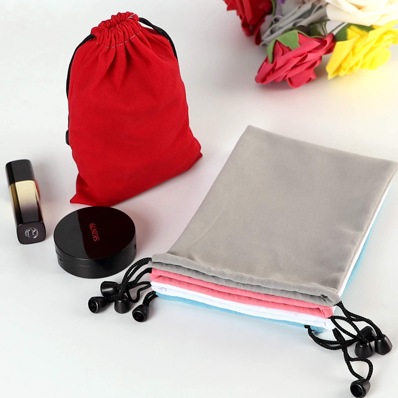 RUTICH Pack Of 25 Mixed colors Large 6.75" X 4.75" Pouch bags - Elegant Velvet Drawstring Bags Jewelry Pouches for Jewelry, Gifts, Event Supplies (White Red Gray Pink Blue)