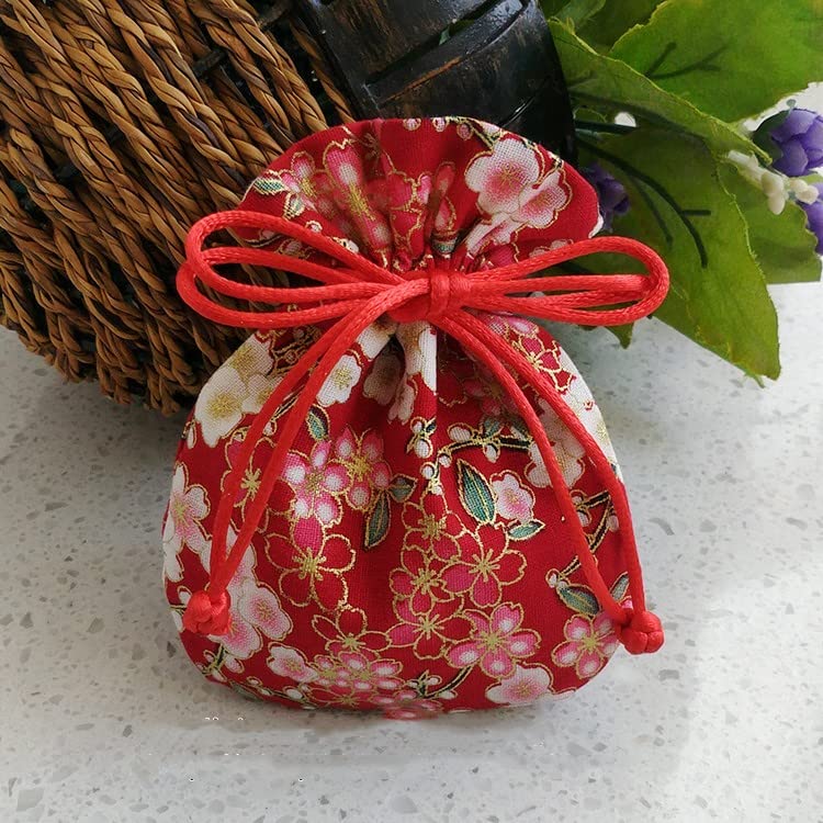 Printed Cotton Cloth Jewelry Gift Pouch Small Drawstring Jewellery Packaging Bag Bracelet Necklace Earrings Ring Storage Bags (50, red)