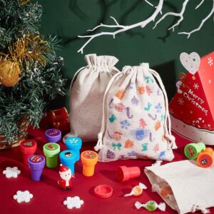 WEBEEDY 10 Sets Christmas Bag DIY Kit Burlap Gift Bags Drawstring Pouch To Stamp Small Candy Goody Bag 5.1x7.1 with 10 Styles Christmas Seal Stamps for Christmas Stocking Xmas Party Favors