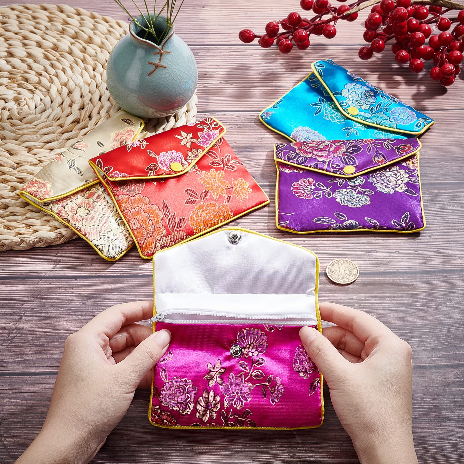 NBEADS 10 Pcs Silk Jewelry Pouch with Zipper, 4"×5" Chinese Silk Pouches Travel Jewelry Pouch Small Zippered Jewelry Pouches Asian Jewelry Pouch for Traveling Jewelry, Wedding Gift Package