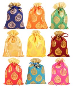 touchstone drawstring bags traditional indian handcrafted in ficus leaf pattern brocade fabric. perfect for gifts jewelry weddings sweet distribution set of 9 vibrant multicolor pouches purses potli.