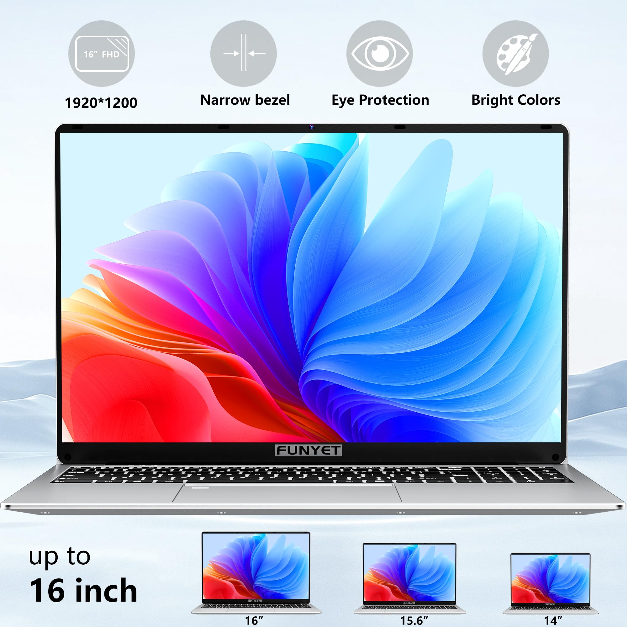 FUNYET 16 Inch Laptop Computer, Gaming Laptop, 16GB RAM 512GB SSD, Intel 12th Gen N95 Processor(up to 3.4GHz), FHD 1920 * 1200, 180 Angle Opening, Fingerprint Unlock, Backlit Keyboard, Windows 11 Pro