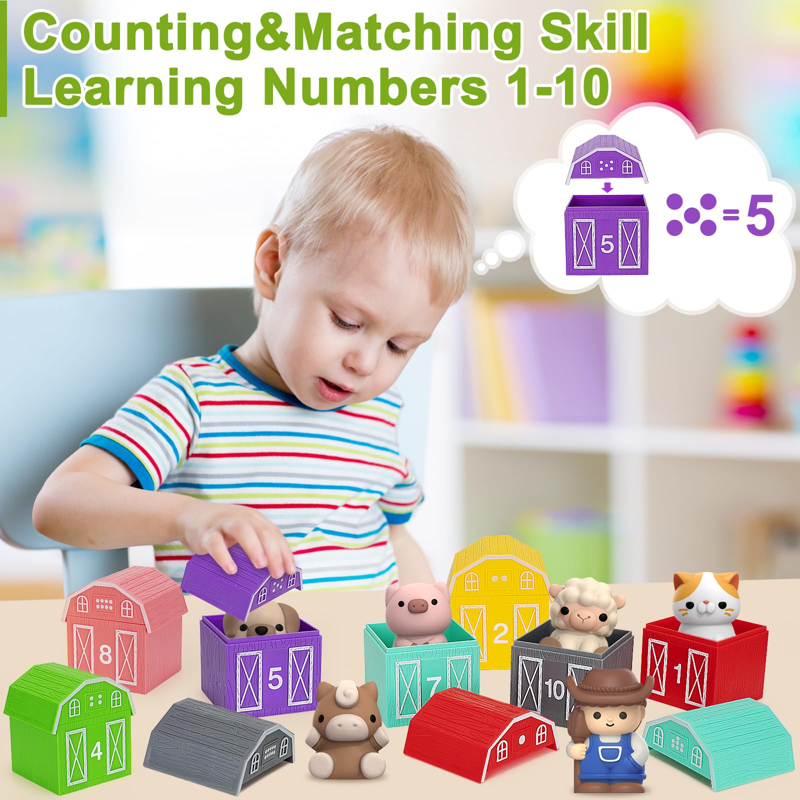 Learning Toys for 1,2,3 Year Old Toddlers, 20Pcs Farm Animals Barn Toy Montessori Counting, Matching & Sorting Fine Motor Games, Christmas Birthday Easter Gift for Baby Boys Girls Age 12-18 Months