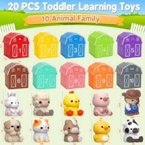 Learning Toys for 1,2,3 Year Old Toddlers, 20Pcs Farm Animals Barn Toy Montessori Counting, Matching & Sorting Fine Motor Games, Christmas Birthday Easter Gift for Baby Boys Girls Age 12-18 Months