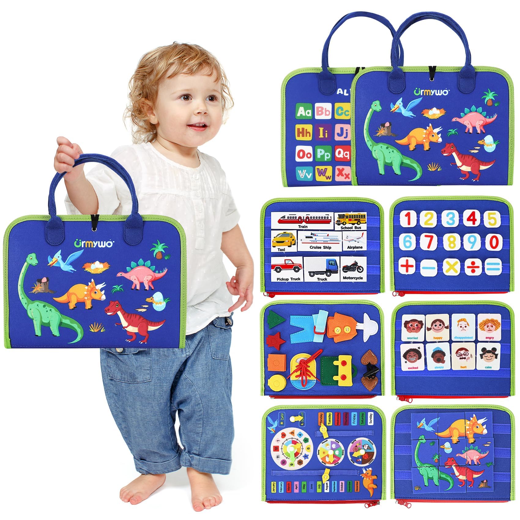 URMYWO Busy Board for Toddlers, Montessori Toys Busy Book for 1 2 3 4 Year Old Toddlers Preschool Learning Activities with Alphabet Number, Animal Travel Toys Gifts for Plane Car Motor Skills