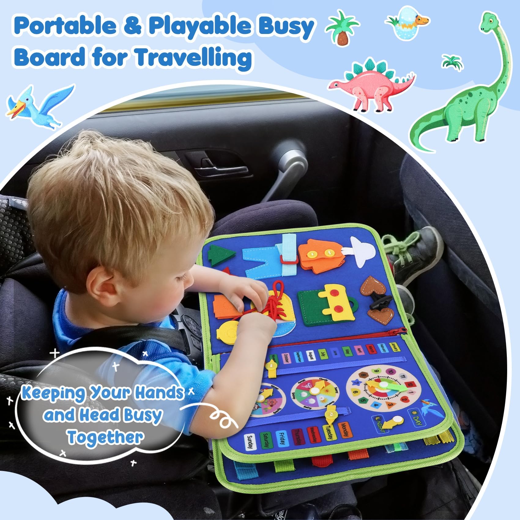 URMYWO Busy Board for Toddlers, Montessori Toys Busy Book for 1 2 3 4 Year Old Toddlers Preschool Learning Activities with Alphabet Number, Animal Travel Toys Gifts for Plane Car Motor Skills