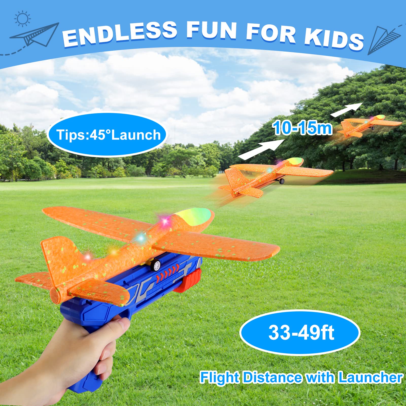 Fuwidvia 3 Pack Airplane Launcher Toys, 13.2'' LED Foam Glider Catapult Plane Toy for Boys, 2 Flight Modes Outdoor Flying Toys Birthday Gifts for Boys Girls 4 5 6 7 8 9 10 11 12 Year Old