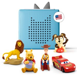 toniebox audio player starter set with woody, lightning mcqueen, simba, winnie-the-pooh, and playtime puppy - listen, learn, and play with one huggable little box - light blue