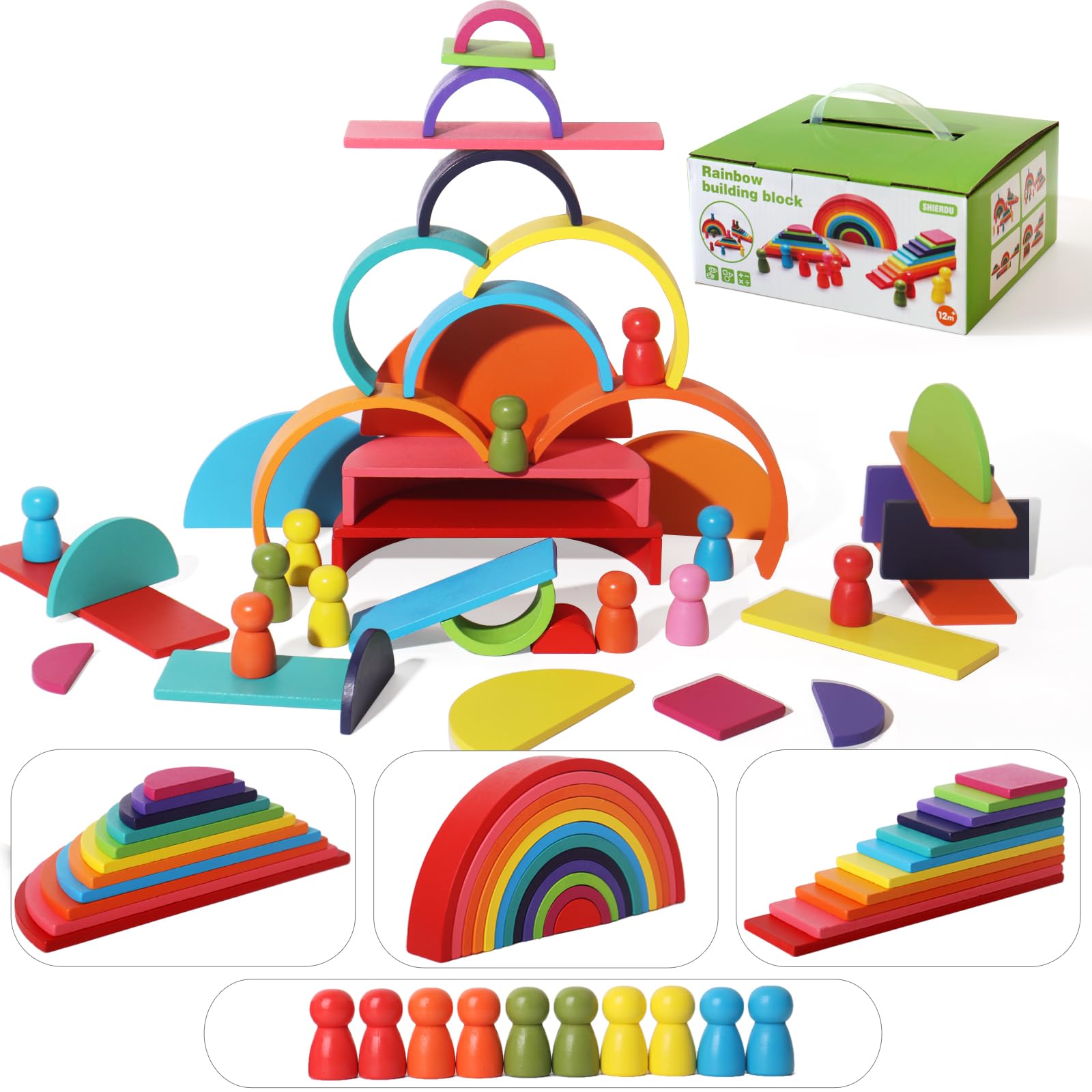 SHIERDU 45-Piece Wooden Rainbow Stack Set, 4-in-1 Building Blocks preschoolers Early Development & Activity Toys Montessori Toys for Kids 3, 4, 5, 6 Years and Older Gifts for Boys and Girls