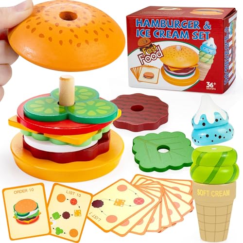 Bravmate Wooden Montessori Toys for 1 2 3 Years Old Kids, Realistic Burger & Ice Cream Toy, Stacking & Pretend Play for Little Chef, Preschool Play Fake Food Games, Educational Fine Motor Skills Toys