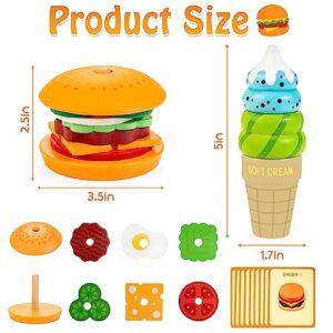 Bravmate Wooden Montessori Toys for 1 2 3 Years Old Kids, Realistic Burger & Ice Cream Toy, Stacking & Pretend Play for Little Chef, Preschool Play Fake Food Games, Educational Fine Motor Skills Toys