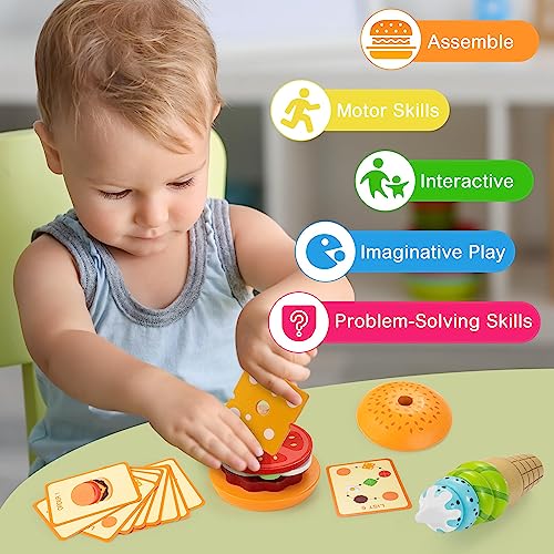 Bravmate Wooden Montessori Toys for 1 2 3 Years Old Kids, Realistic Burger & Ice Cream Toy, Stacking & Pretend Play for Little Chef, Preschool Play Fake Food Games, Educational Fine Motor Skills Toys