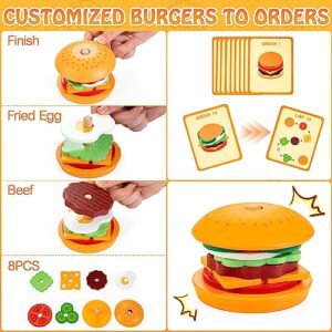 Bravmate Wooden Montessori Toys for 1 2 3 Years Old Kids, Realistic Burger & Ice Cream Toy, Stacking & Pretend Play for Little Chef, Preschool Play Fake Food Games, Educational Fine Motor Skills Toys