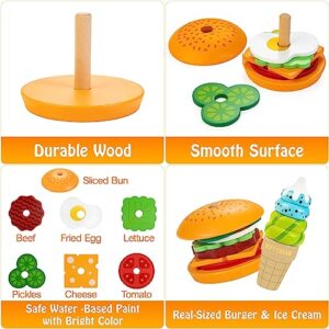 Bravmate Wooden Montessori Toys for 1 2 3 Years Old Kids, Realistic Burger & Ice Cream Toy, Stacking & Pretend Play for Little Chef, Preschool Play Fake Food Games, Educational Fine Motor Skills Toys