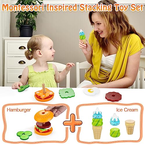 Bravmate Wooden Montessori Toys for 1 2 3 Years Old Kids, Realistic Burger & Ice Cream Toy, Stacking & Pretend Play for Little Chef, Preschool Play Fake Food Games, Educational Fine Motor Skills Toys