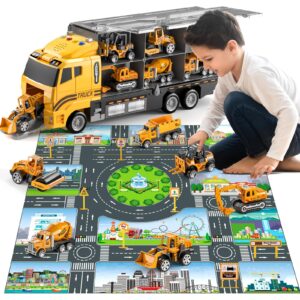 TEMI Toddler Toys for 3 4 5 6 Years Old Boys, Die-cast Construction Toys Car Carrier Vehicle Toy Set w/Play Mat, Kids Toys Truck Alloy Metal Car Toys Set for Age 3-9 Toddlers Kids Boys & Girls