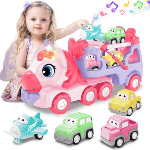 seveclotree toys for 1 2 3 year old girl, 5-in-1 unicorn toys carrier truck toy cars with light & sound,girl toddler toys age 2-4,1 2 3 year old girl birthday gifts kids toys for girls…