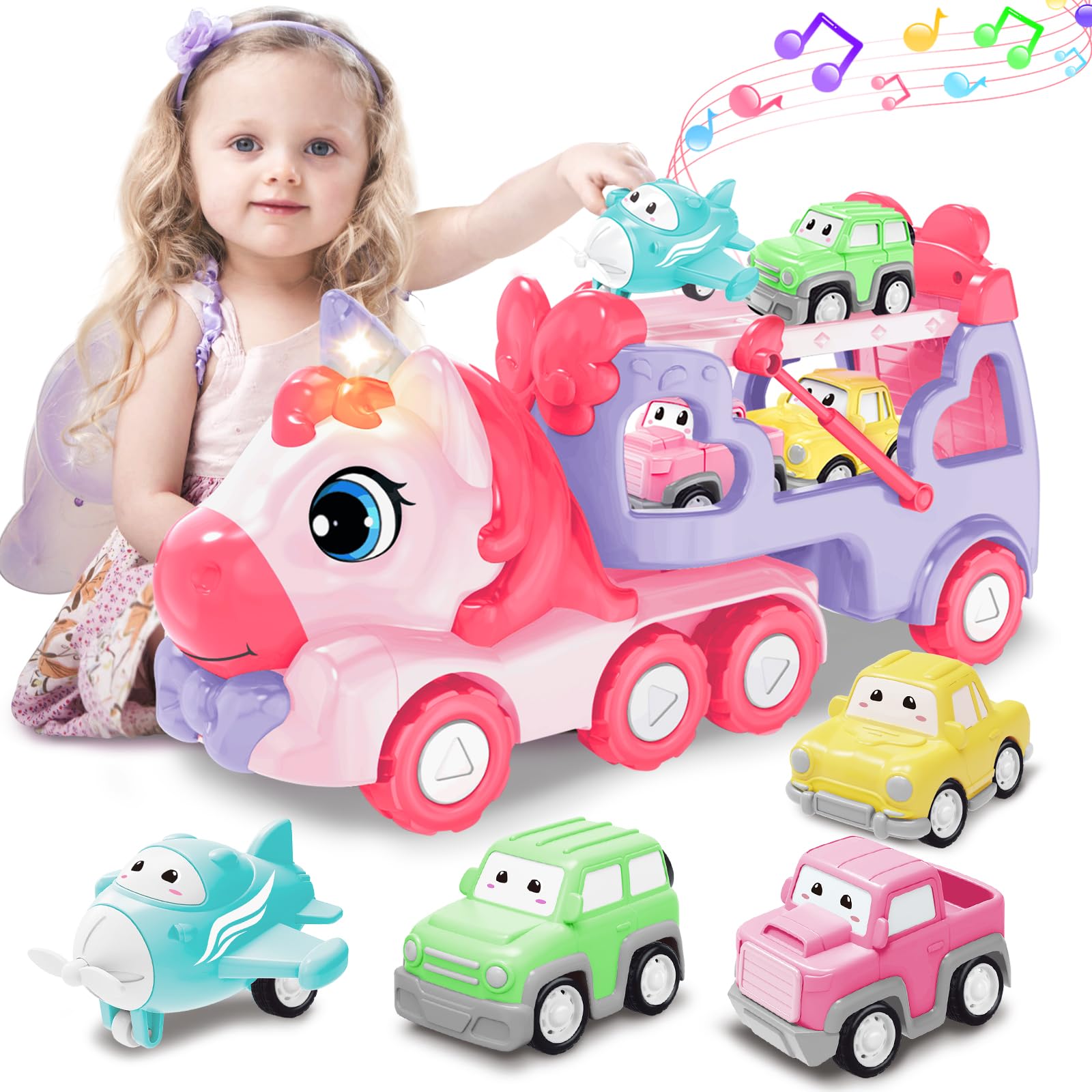 seveclotree Toys for 1 2 3 Year Old Girl, 5-in-1 Unicorn Toys Carrier Truck Toy Cars with Light & Sound,Girl Toddler Toys Age 2-4,1 2 3 Year Old Girl Birthday Gifts Kids Toys for Girls…