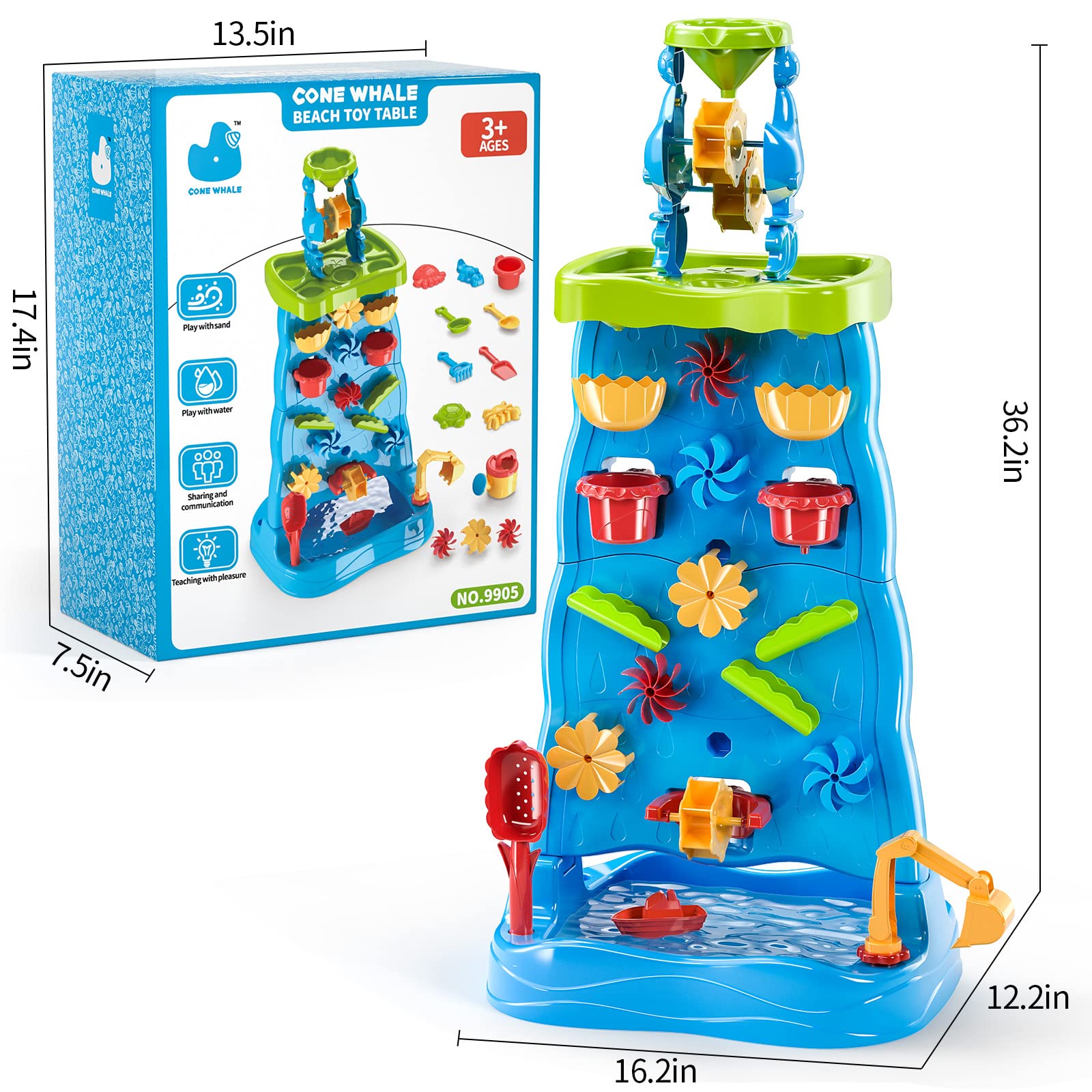 Kids Waterfall Water Table Wall for Toddlers for 3 4 5 6 7 8 Years Old Boys Girls, 32-Pc Accessory Activity Sensory Table Outdoor Double-sided Water Fun Play Toys for Age 3-8