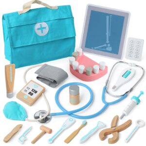 cute stone toy doctor kit for kids, wooden toy medical kit with real stethoscope and storage bag, pretend play dentist set for boys girls, toddlers role play doctor toys gift for age 3 4 5 6 year old