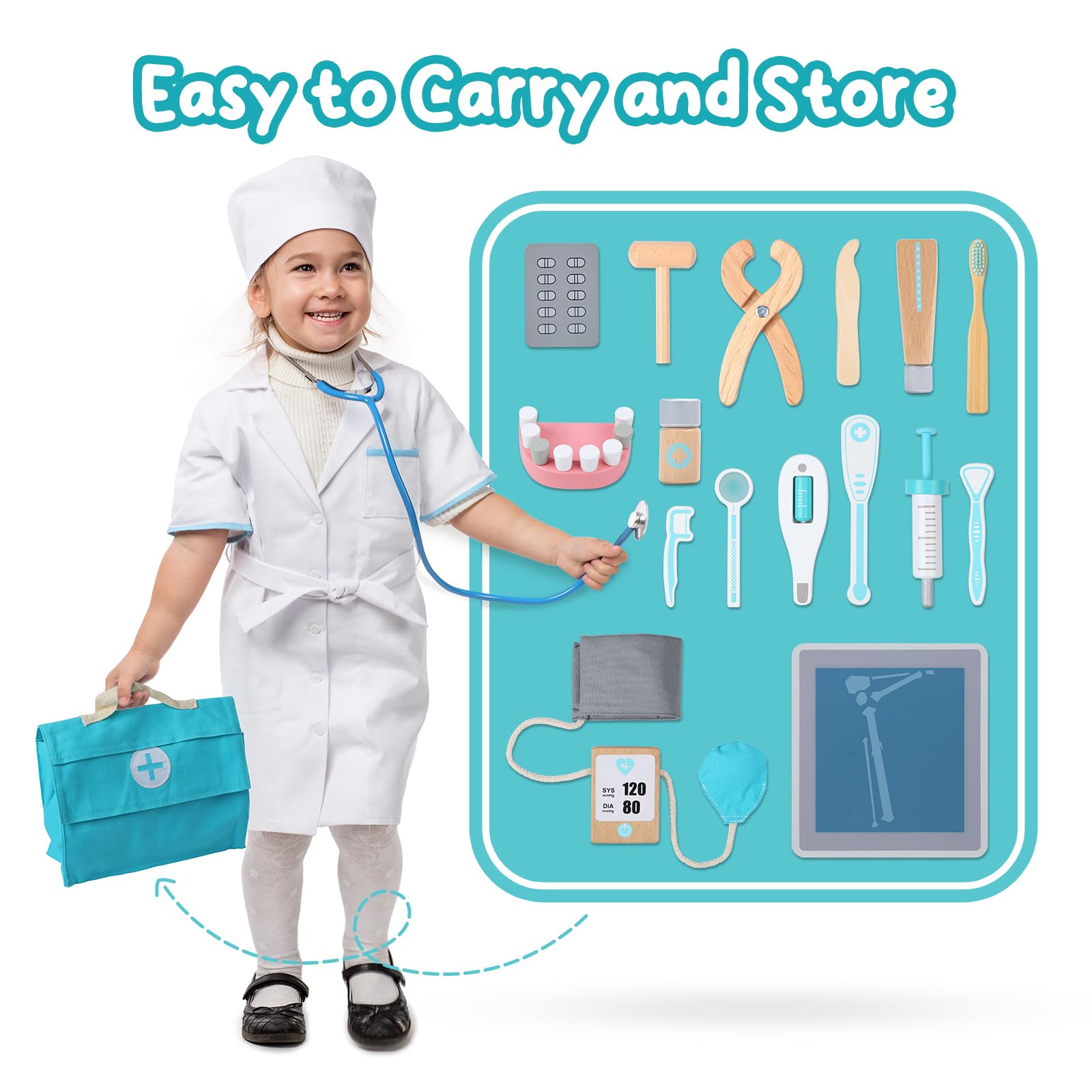 CUTE STONE Toy Doctor Kit for Kids, Wooden Toy Medical Kit with Real Stethoscope and Storage Bag, Pretend Play Dentist Set for Boys Girls, Toddlers Role Play Doctor Toys Gift for Age 3 4 5 6 Year Old