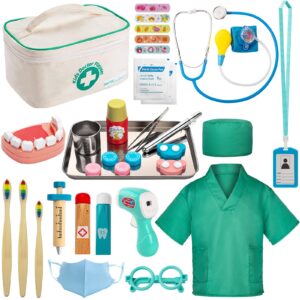 juboury doctor kit for kids 34pcs toy medical kit with stain steel stethoscope, flashlight, tray, iodine cup, wooden accessories, dress up costume and doctor bag for kids, girls, boys, toddlers