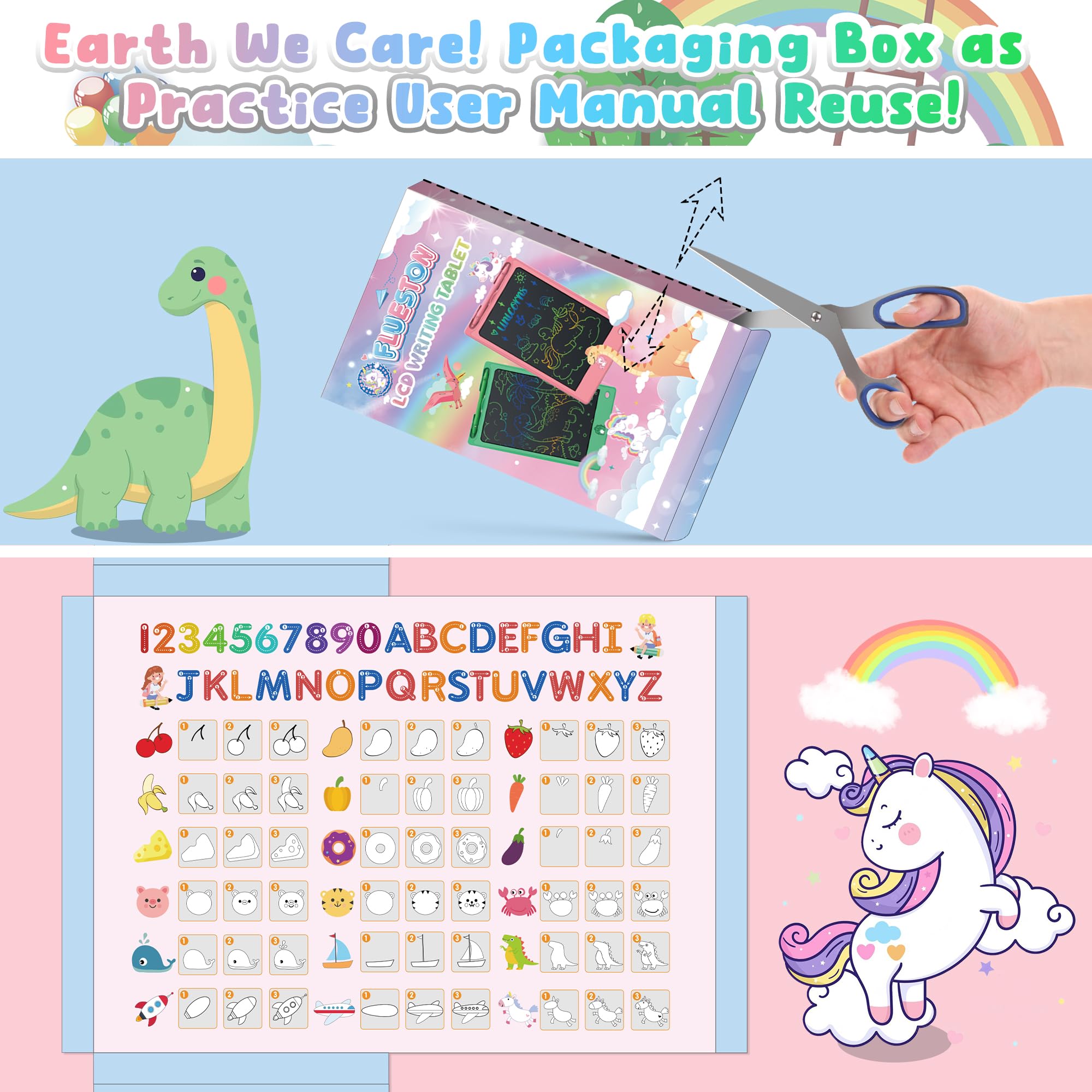 FLUESTON LCD Writing Tablet for Kids,Drawing Tablet for Boys Girls 3 4 5 6 7 8 Year,8.8 Inch 3pcs in 1 Pack Drawing Pad Toy Christmas Birthday Gifts for Toddler,Doodle Board Cute Dinosaur Unicorn