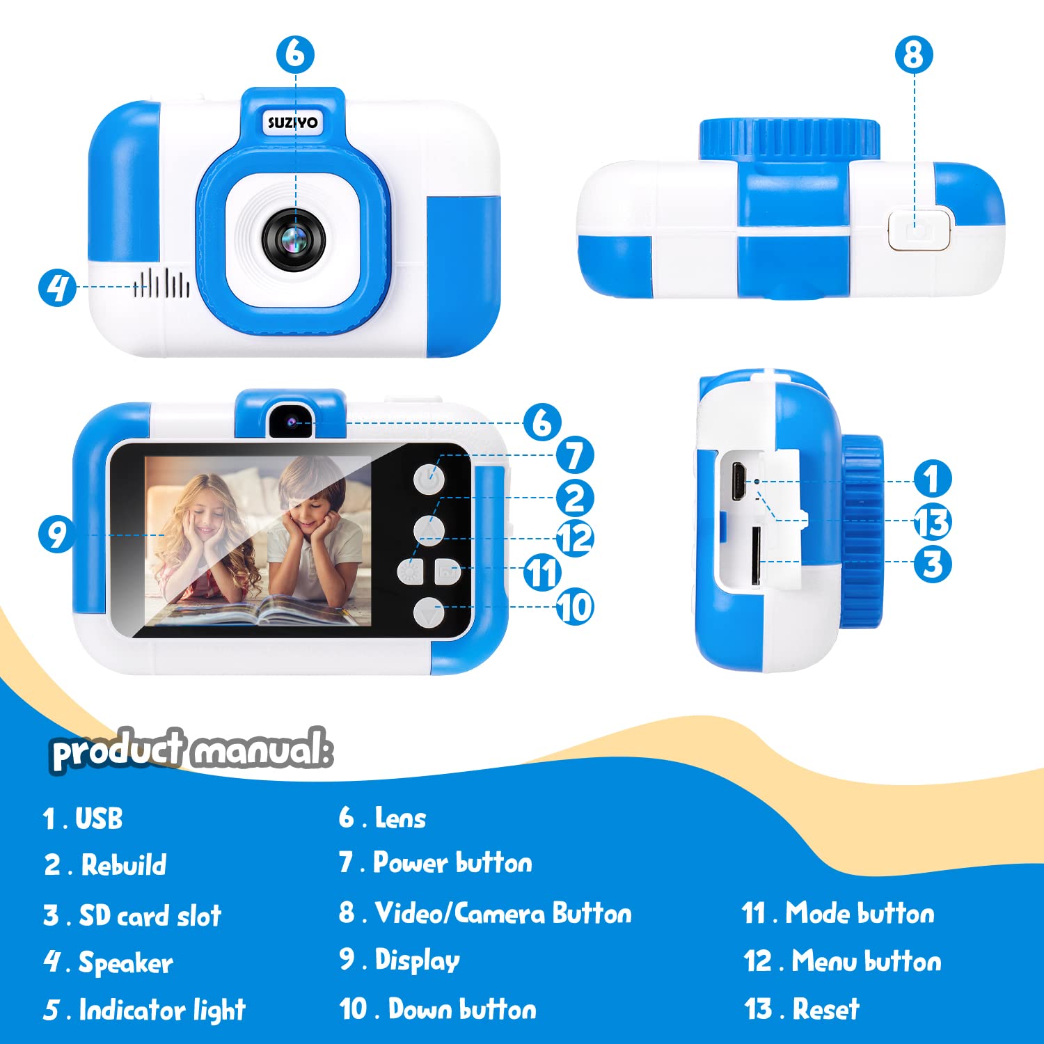 SUZIYO Kids Camera, Best Birthday Electronic Toys for Children, Digital Video Camcorder for Toddlers Age 3 4 5 6 7 8 9 Years Old Boys Girls (with 32G Micro SD Card,Blue)