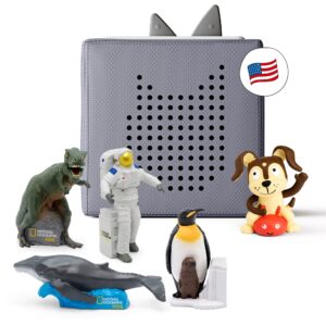 toniebox audio player starter set with national geographic astronaut, dinosaur, whale, penguin, and playtime puppy - listen, learn, and play with one huggable little box - gray