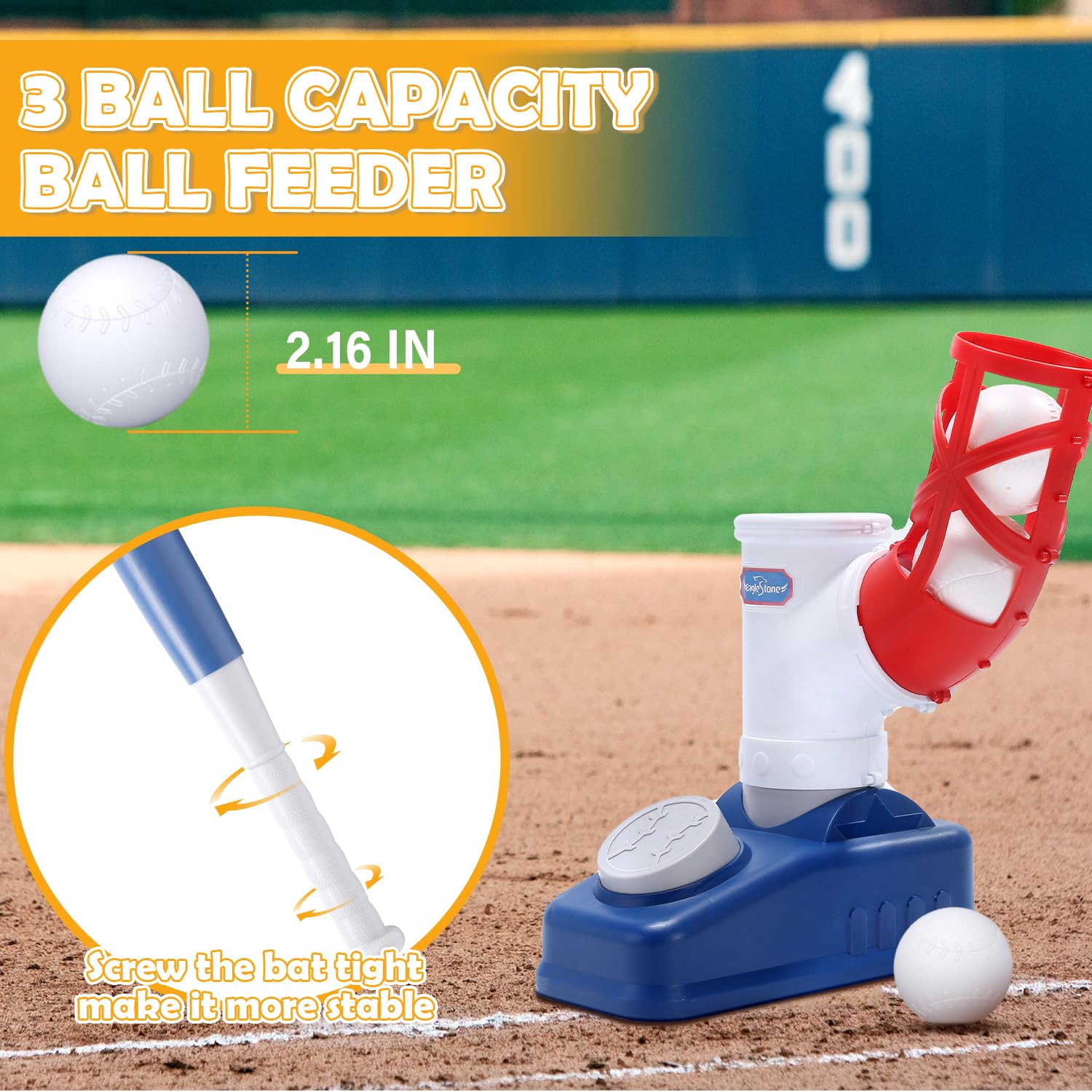 EagleStone 2 in 1 T Ball Set for Kids 3-5, Tee Ball Set for Toddlers with Step on Pitching Machine, Adjustable Batting Tee, Tball Bat and 6 Balls, Outdoor Baseball Christmas Toy Gift for Boys & Girls