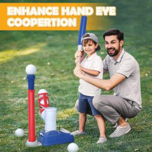 EagleStone 2 in 1 T Ball Set for Kids 3-5, Tee Ball Set for Toddlers with Step on Pitching Machine, Adjustable Batting Tee, Tball Bat and 6 Balls, Outdoor Baseball Christmas Toy Gift for Boys & Girls