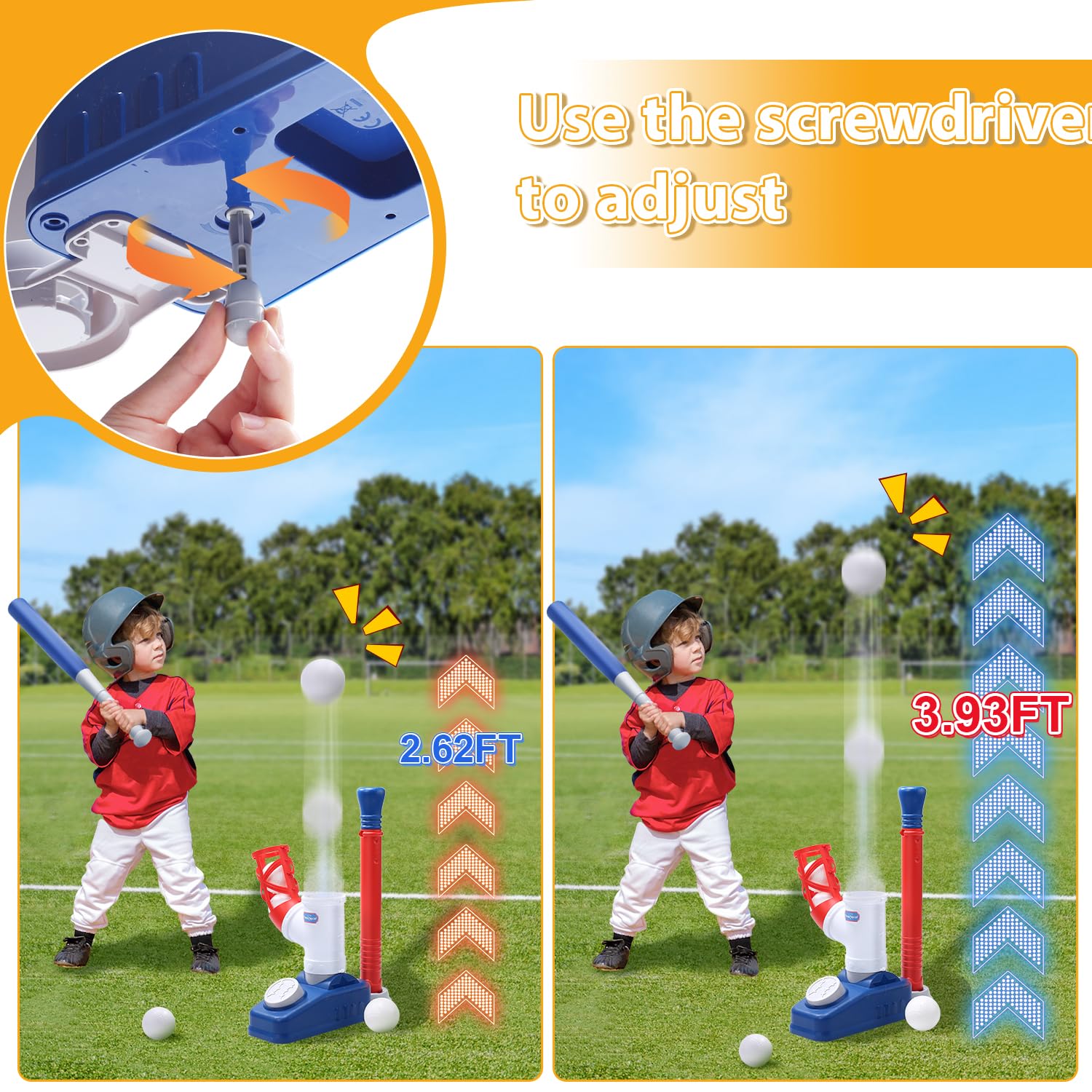 EagleStone 2 in 1 T Ball Set for Kids 3-5, Tee Ball Set for Toddlers with Step on Pitching Machine, Adjustable Batting Tee, Tball Bat and 6 Balls, Outdoor Baseball Christmas Toy Gift for Boys & Girls