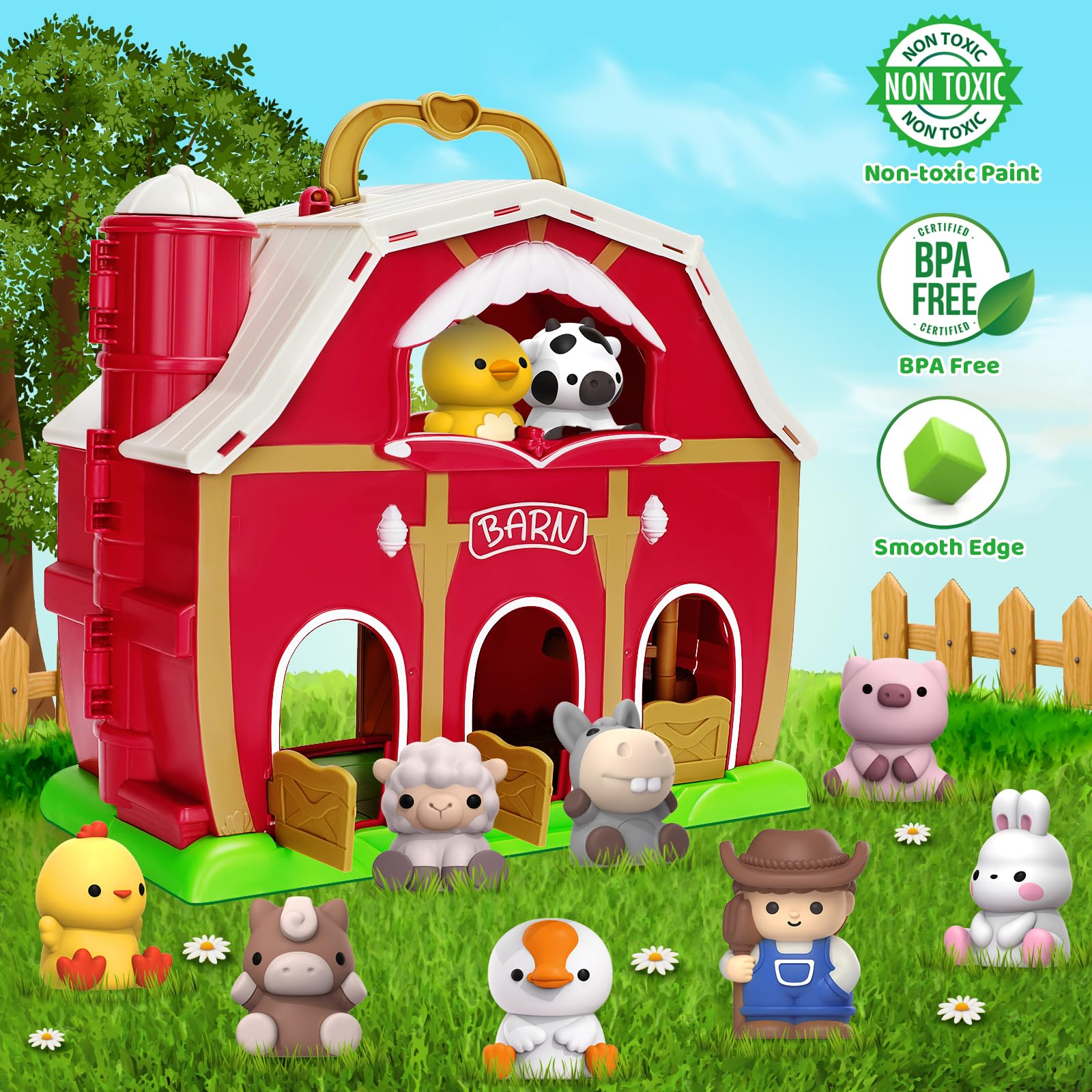 KMUYSL Toys for 1 2 3 Years Old Boys Girls, Big Red Barn Farm Animal Playset for Boys Girls, Learning Toys, Montessori Toys, Christmas Birthday Easter Gift for Baby Kids Toddlers Age 12-18 Months