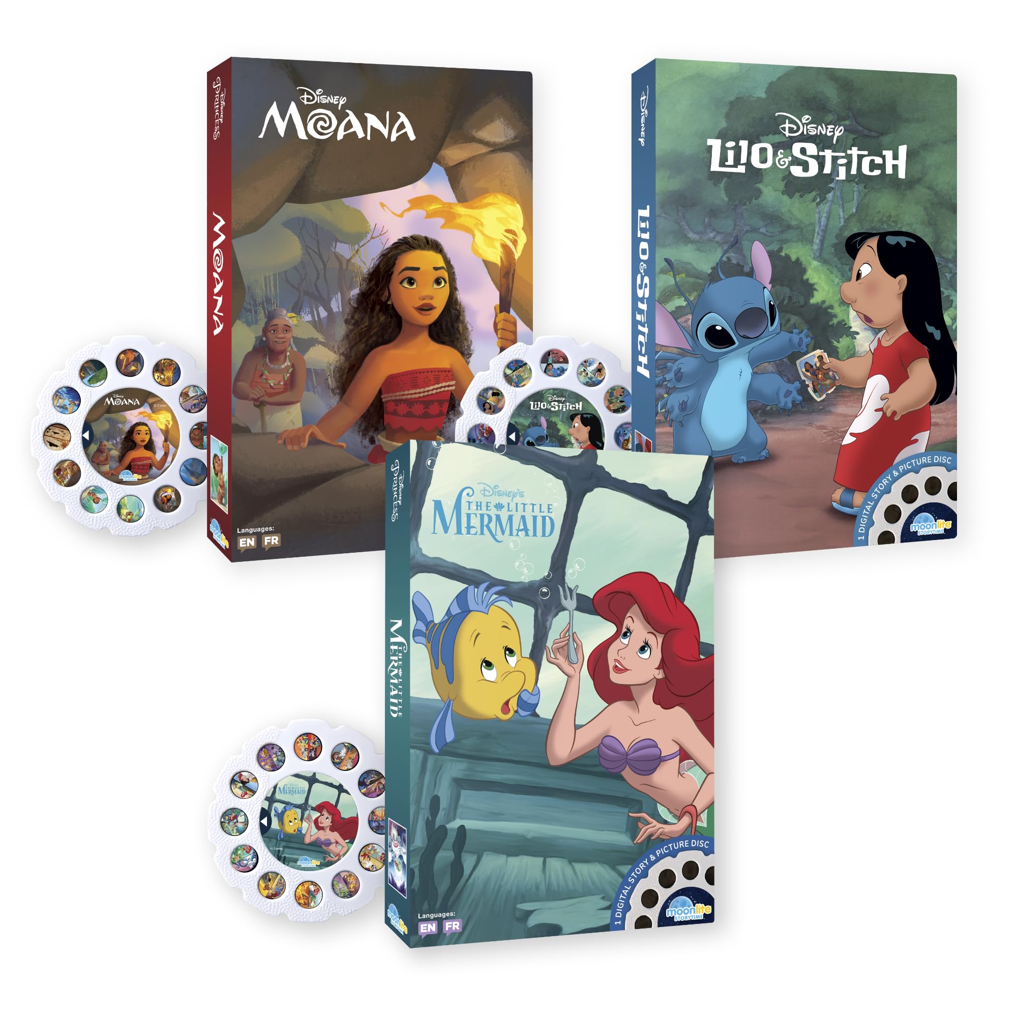 Moonlite Storytime Storybook Reels, 3 Story Set, Moana, Lilo and Stitch, The Little Mermaid, Digital Stories for Projector, Toddler Early Learning Gifts for Kids Ages 12 Months and Up