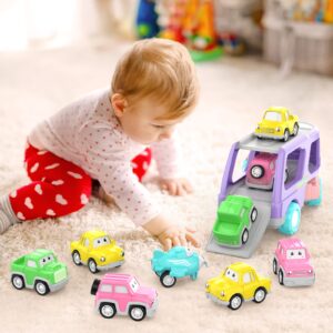 LASCOTON Toys for 1 2 3 Year Old Girl, 5-in-1 Carrier Truck for Toddler Girl, Friction Power Toy Cars with Light & Sound, Birthday Gifts, Pink