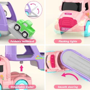 LASCOTON Toys for 1 2 3 Year Old Girl, 5-in-1 Carrier Truck for Toddler Girl, Friction Power Toy Cars with Light & Sound, Birthday Gifts, Pink