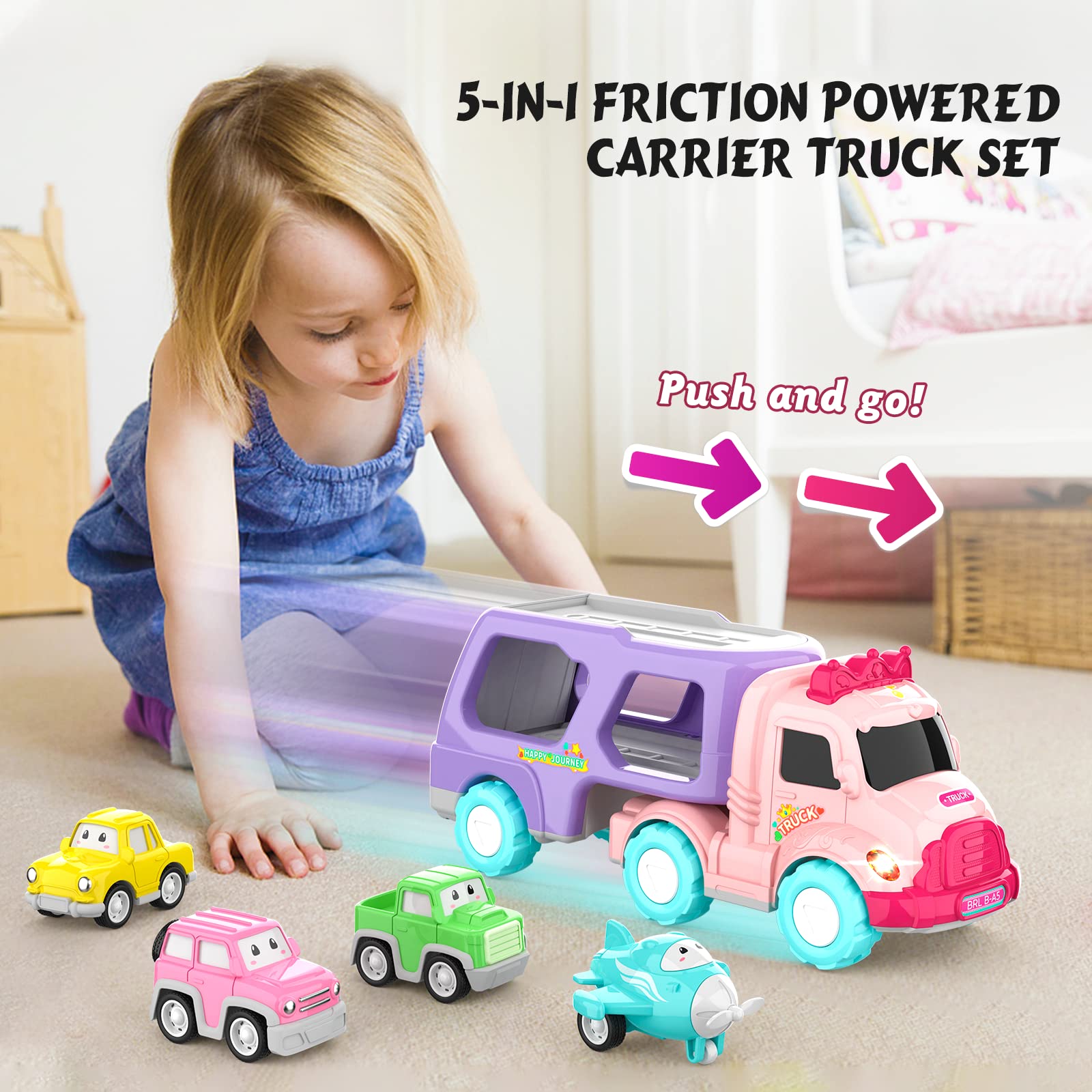 LASCOTON Toys for 1 2 3 Year Old Girl, 5-in-1 Carrier Truck for Toddler Girl, Friction Power Toy Cars with Light & Sound, Birthday Gifts, Pink