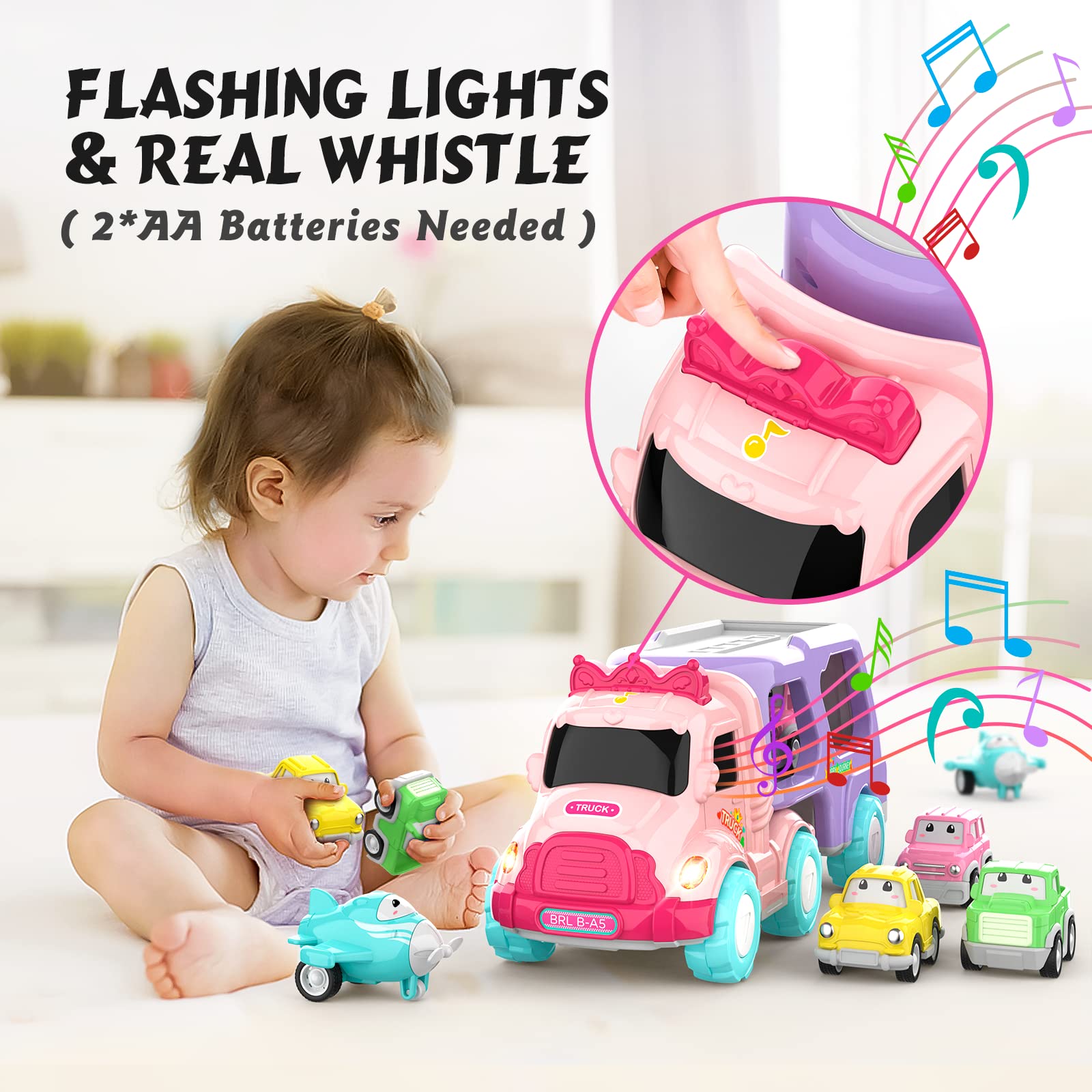 LASCOTON Toys for 1 2 3 Year Old Girl, 5-in-1 Carrier Truck for Toddler Girl, Friction Power Toy Cars with Light & Sound, Birthday Gifts, Pink