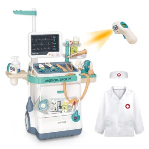 deluxe doctor kit for toddlers, pretend medical station set for boys & girls, 28 accessories,mobile cart with lights, includes doctor's uniform、thermometer, doctor kit for kids 3-5 years old