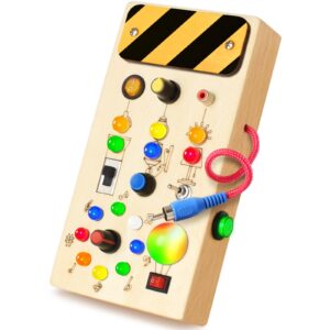 polkrane busy board with led light,montessori toys with toggle switch,travel toys and wooden toy for educational toddler activities for 1 2 3 4 year old boys & girls (rainbow)