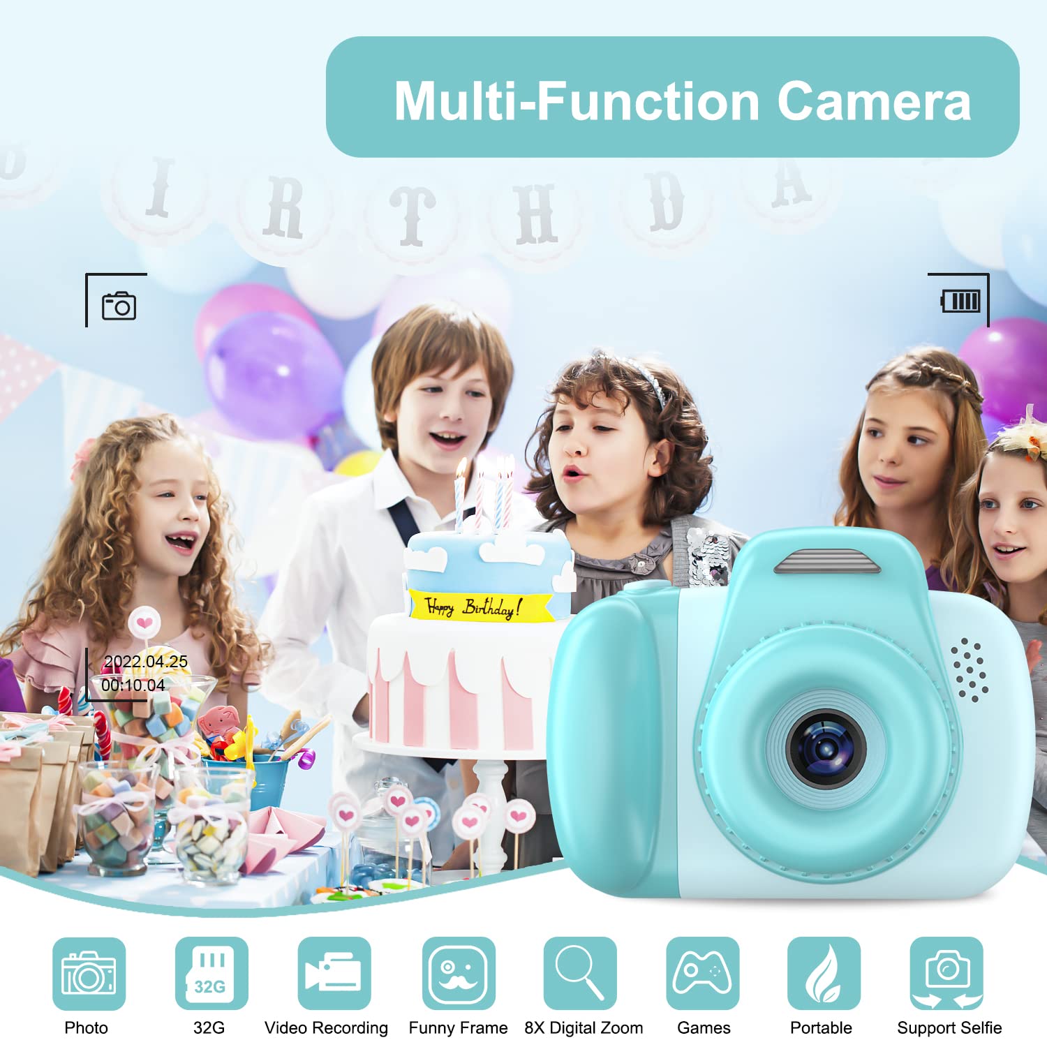 Goopow Mini Kids Camera Toys for 3 4 5 6 7 8 Year Old Girls Boys, Toddler Children Digital Video Camcorder Camera, Best Chritmas Birthday Festival Gift for Kids - 32G SD Card Included