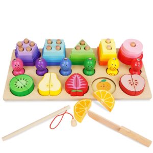 agirlgle 3 in 1 montessori toys wooden shape sorting & stacking toys cutting play food toy fishing game ，color shape sorter puzzles educational learning toy fine motor skills geometric stacker blocks