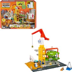 matchbox toy cars & playset, action drivers epic construction yard, 20-in tall working crane & 1:64 scale back hoe & accessories