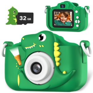 outuvas dinosaur kids camera for boys, 12mp, 1080p hd video, rechargeable battery, 32gb sd card, portable lanyard, educational games, green, 3-12 years