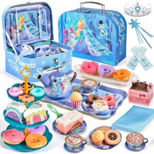 golray tea party set for little girls frozen toys inspired elsa princess gift, 49pcs kid tin tea set & luxury food playset & carry case, kitchen pretend play toy 3-5 years toddler girls birthday gift