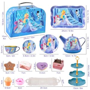 Golray Tea Party Set for Little Girls Frozen Toys Inspired Elsa Princess Gift, 49Pcs Kid Tin Tea Set & Luxury Food Playset & Carry Case, Kitchen Pretend Play Toy 3-5 Years Toddler Girls Birthday Gift