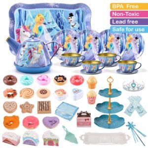 Golray Tea Party Set for Little Girls Frozen Toys Inspired Elsa Princess Gift, 49Pcs Kid Tin Tea Set & Luxury Food Playset & Carry Case, Kitchen Pretend Play Toy 3-5 Years Toddler Girls Birthday Gift