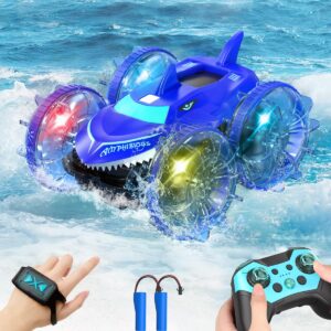 axirata amphibious rc car with lights for kids 3-12 year old boys toy gesture hand remote control boat 4wd 2.4ghz waterproof rc stunt car 360° rotating water beach pool toys gift for boys girls