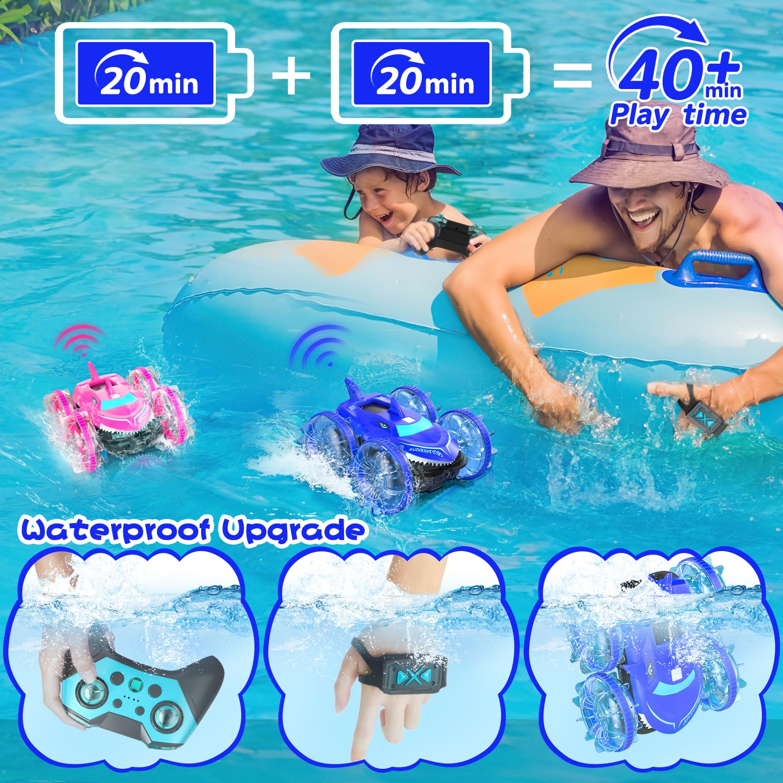 Axirata Amphibious RC Car with Lights for Kids 3-12 Year Old Boys Toy Gesture Hand Remote Control Boat 4WD 2.4GHz Waterproof RC Stunt Car 360° Rotating Water Beach Pool Toys Gift for Boys Girls