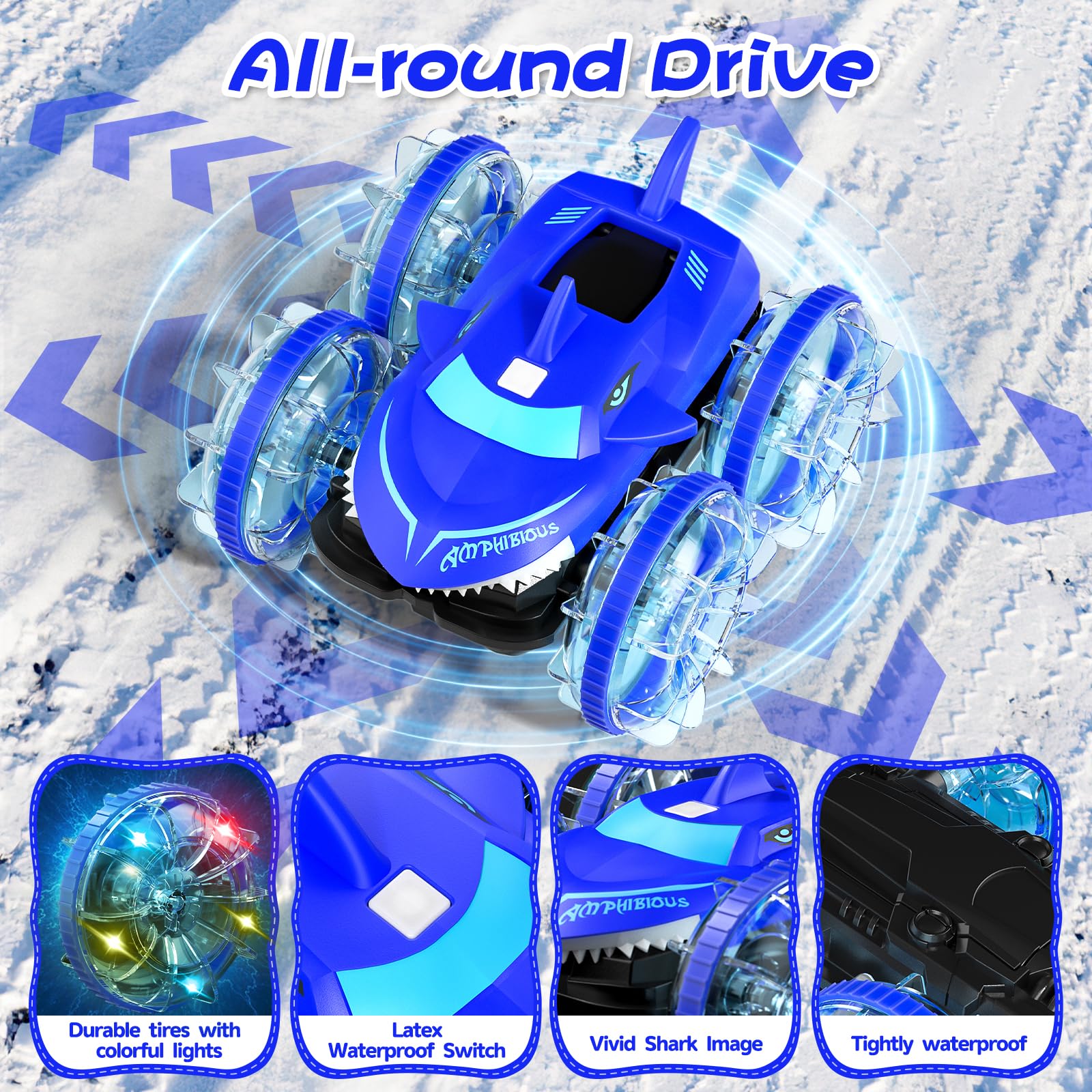 Axirata Amphibious RC Car with Lights for Kids 3-12 Year Old Boys Toy Gesture Hand Remote Control Boat 4WD 2.4GHz Waterproof RC Stunt Car 360° Rotating Water Beach Pool Toys Gift for Boys Girls